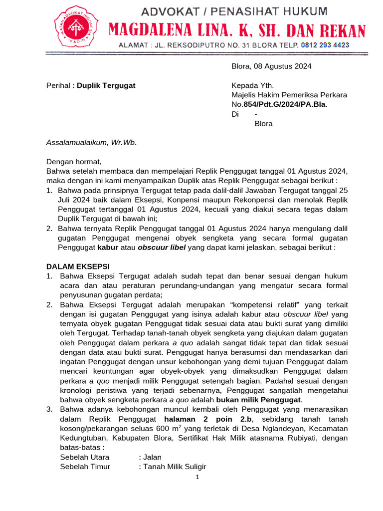 DUPLIK GUGATAN PEMBAGIAN HARTA BERSAMA (GONO-GINI) TERGUGAT RUBIYATI (854-Pdt.G-2024-PA - Bla) | PDF