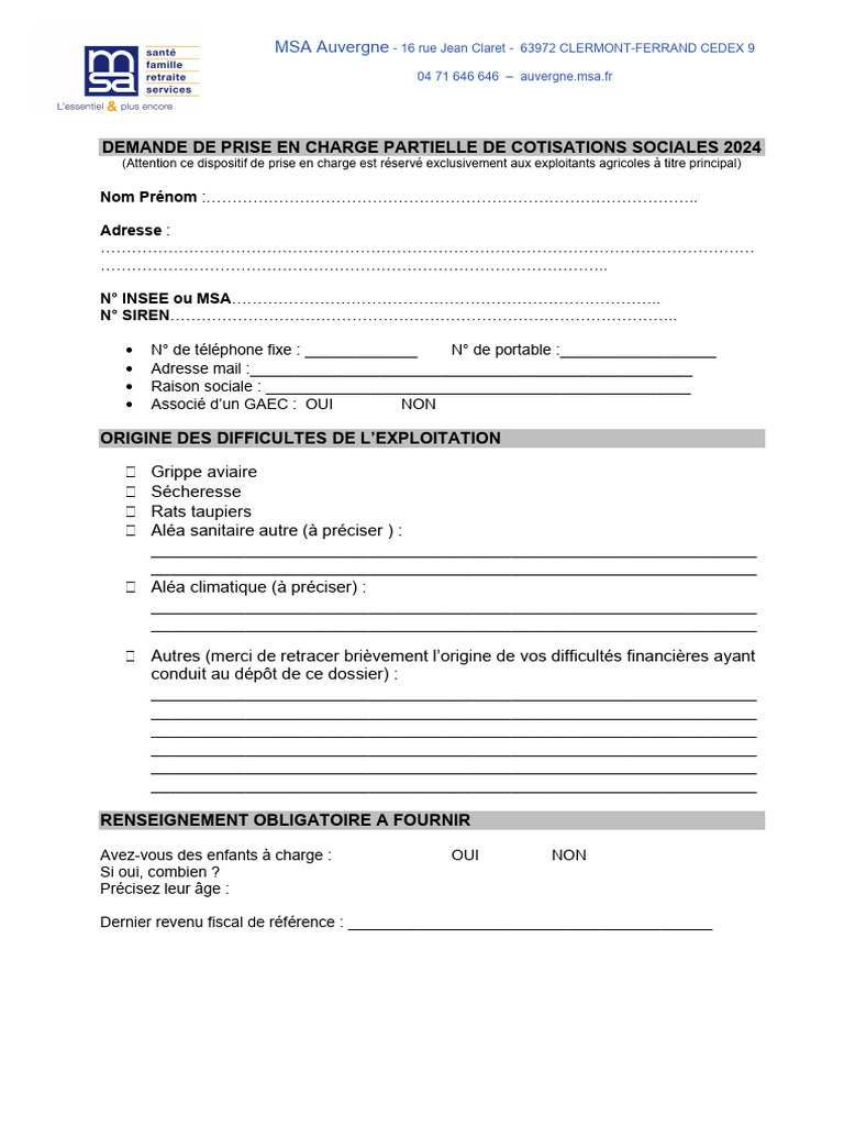 Demande de Prise en Charge Partielle de Cotisations 2024 | PDF