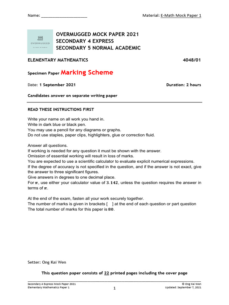 [EMATH] Mock Paper 1 2021 [Full Solutions] | PDF