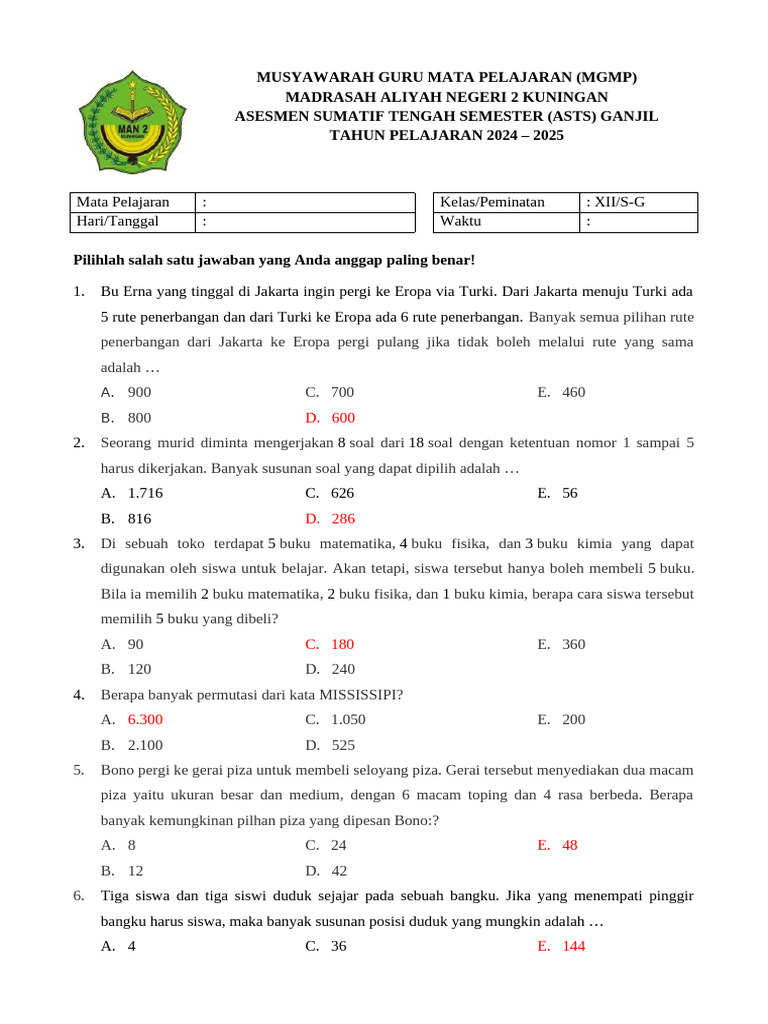 Naskah Soal Asts Ganjil Kelas 12 S-G | PDF