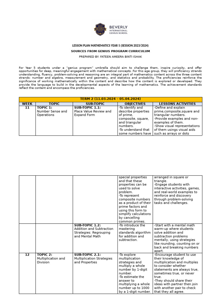 Lesson Plan Mathematics Year 5 | PDF
