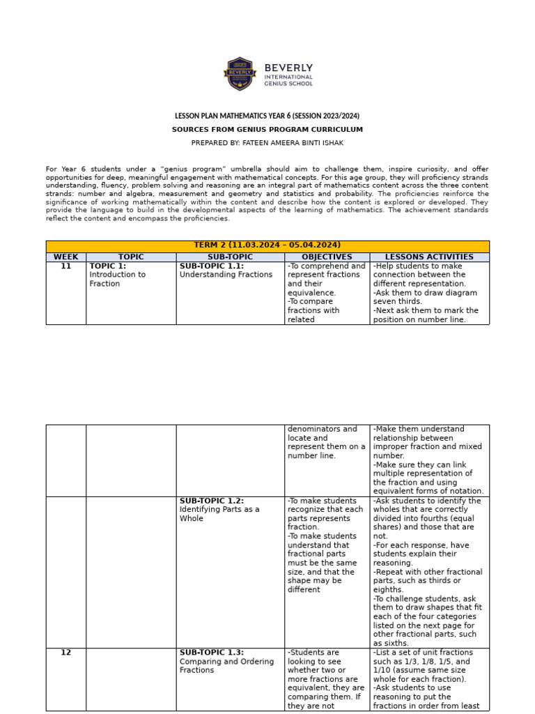 LESSON PLAN MATHEMATICS YEAR 6 | PDF