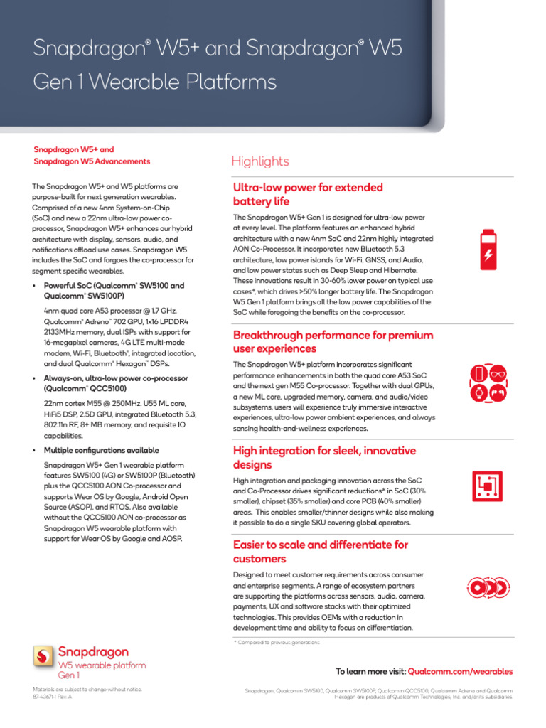 Snapdragon W5+W5 Gen1 Platform Product Brief | PDF