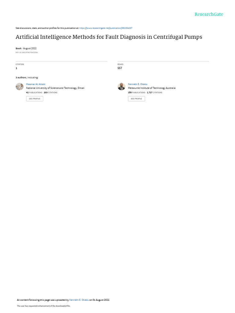 Okedu Artificial Intelligence Methods For Fault Diagnosis in Centrifugal Pumps 072022 | PDF