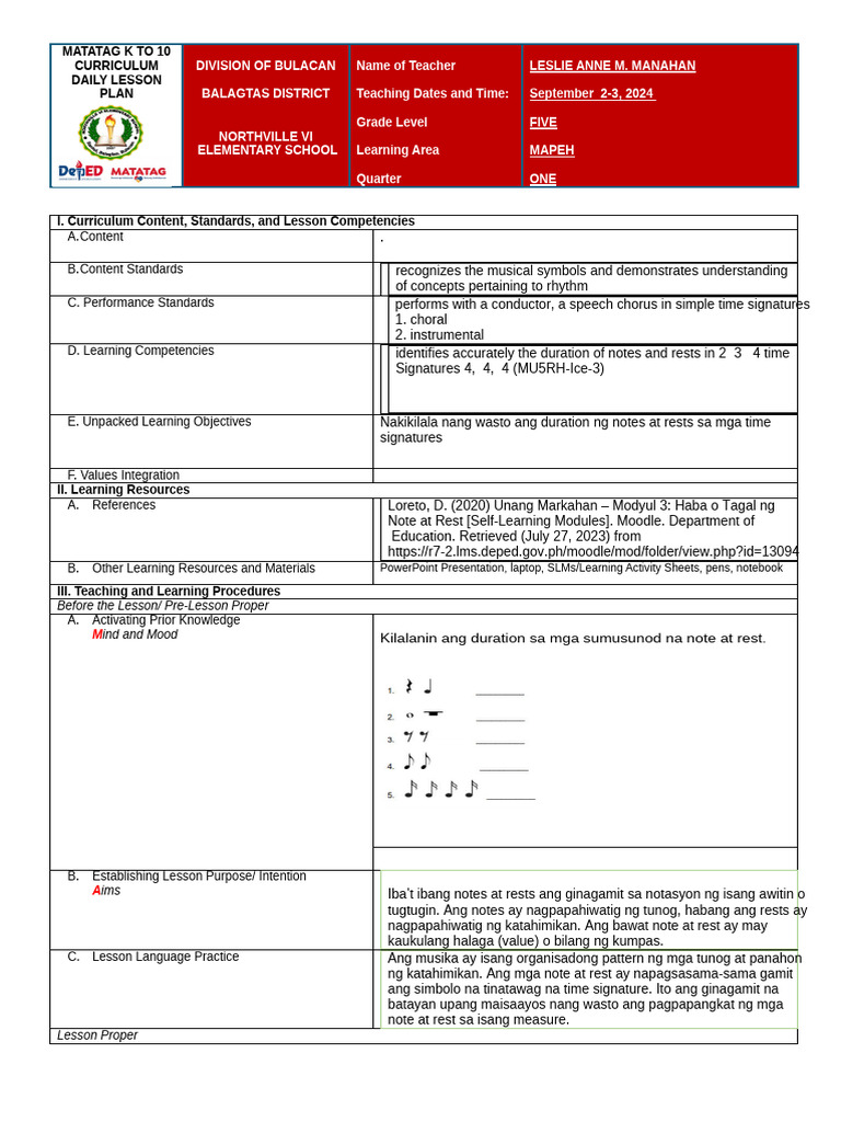 MATATAG DAILY LESSON PLAN MAPEH 5 WEEK 6 September 2 5 2024 8 11 1 | PDF