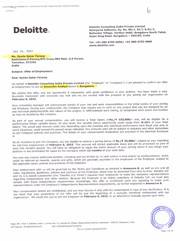 5.2.2 Syeda Sahar Farooq Offer Letter | PDF