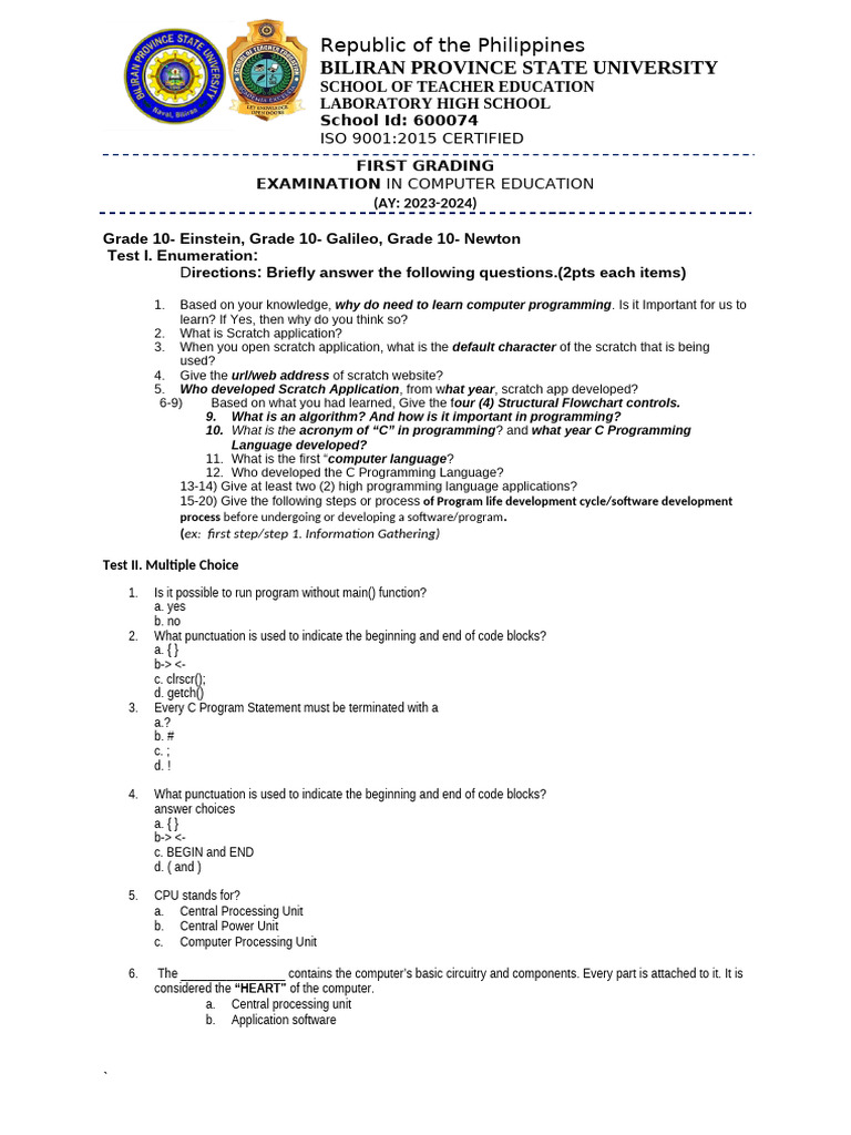 First Grading Examination Sy23-24 | PDF