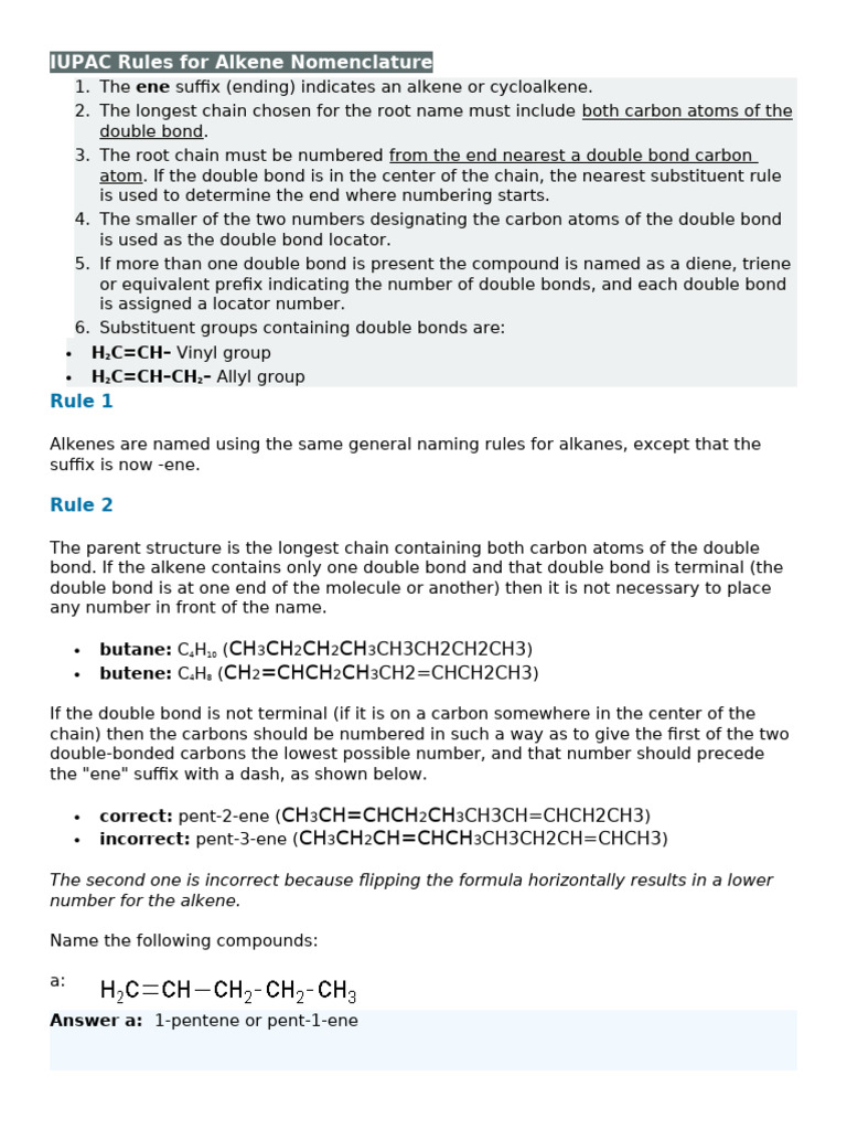 IUPAC Rules For Alkene Nomenclature | PDF