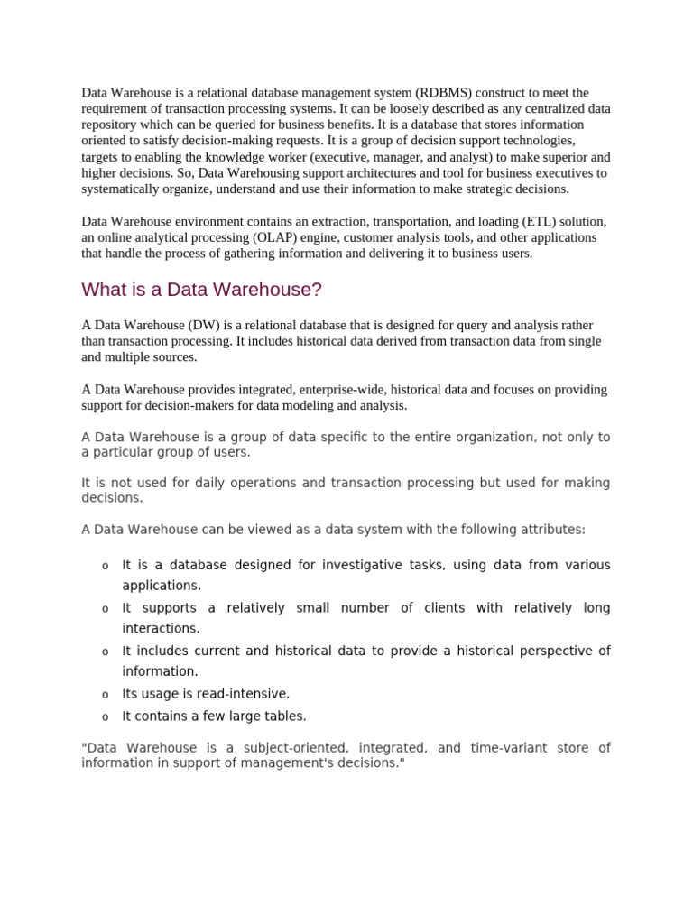 Data Warehouse Is A Relational Database Management System | PDF | Computers