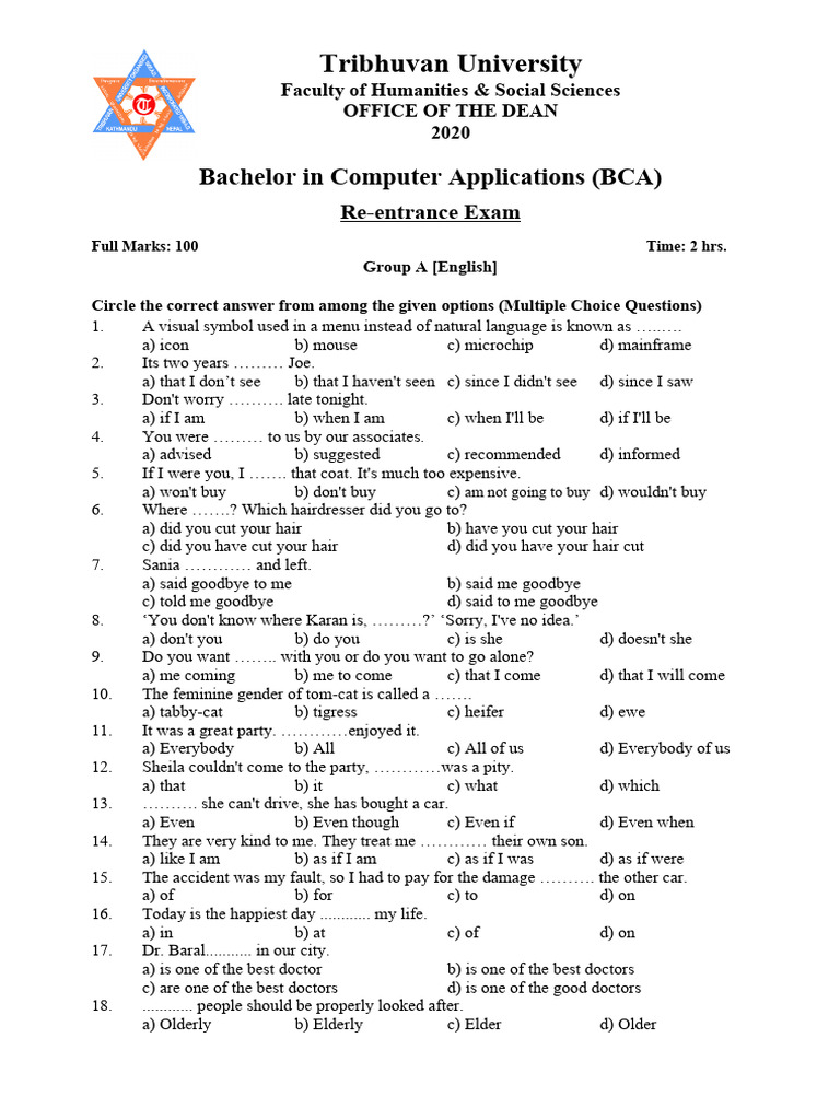 BCA RE-Entrance Question 2020 | PDF