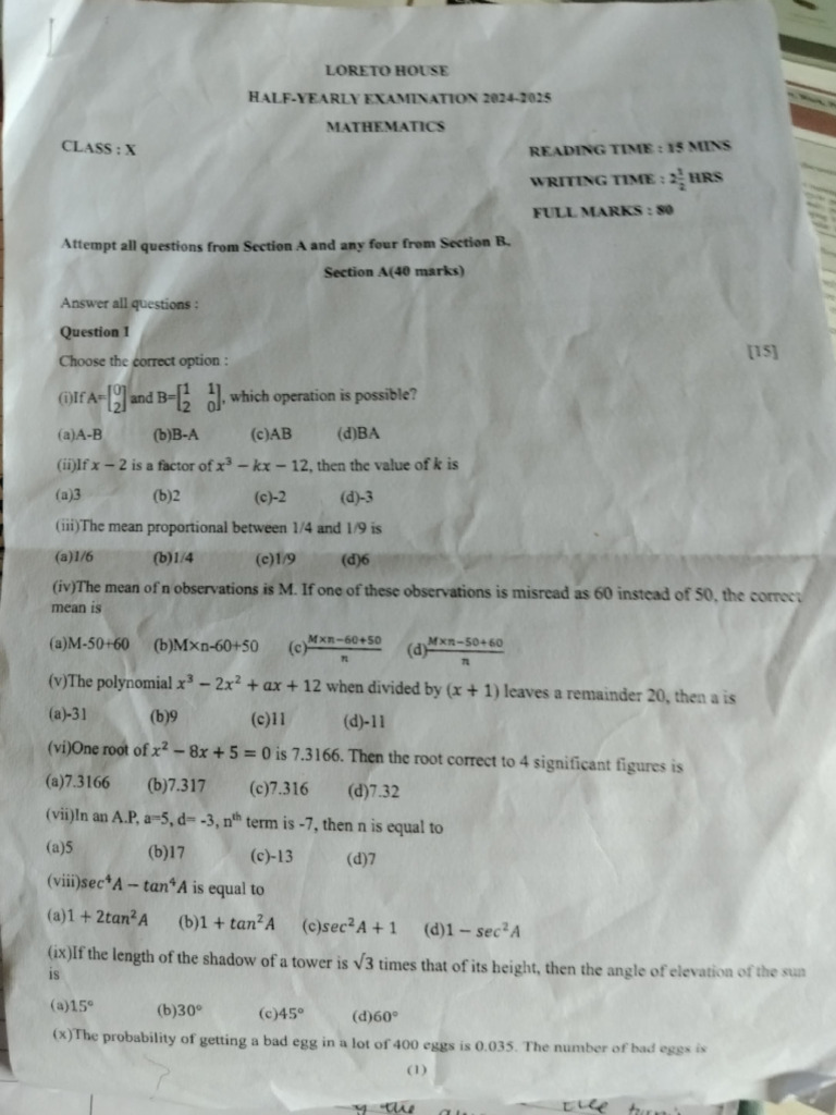 Math QP Half Hearly Class-X | PDF | Applied Mathematics | Mathematics
