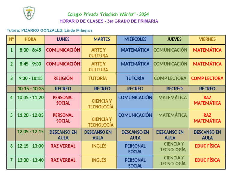 HORARIO 3ro PRIM 2024 | PDF
