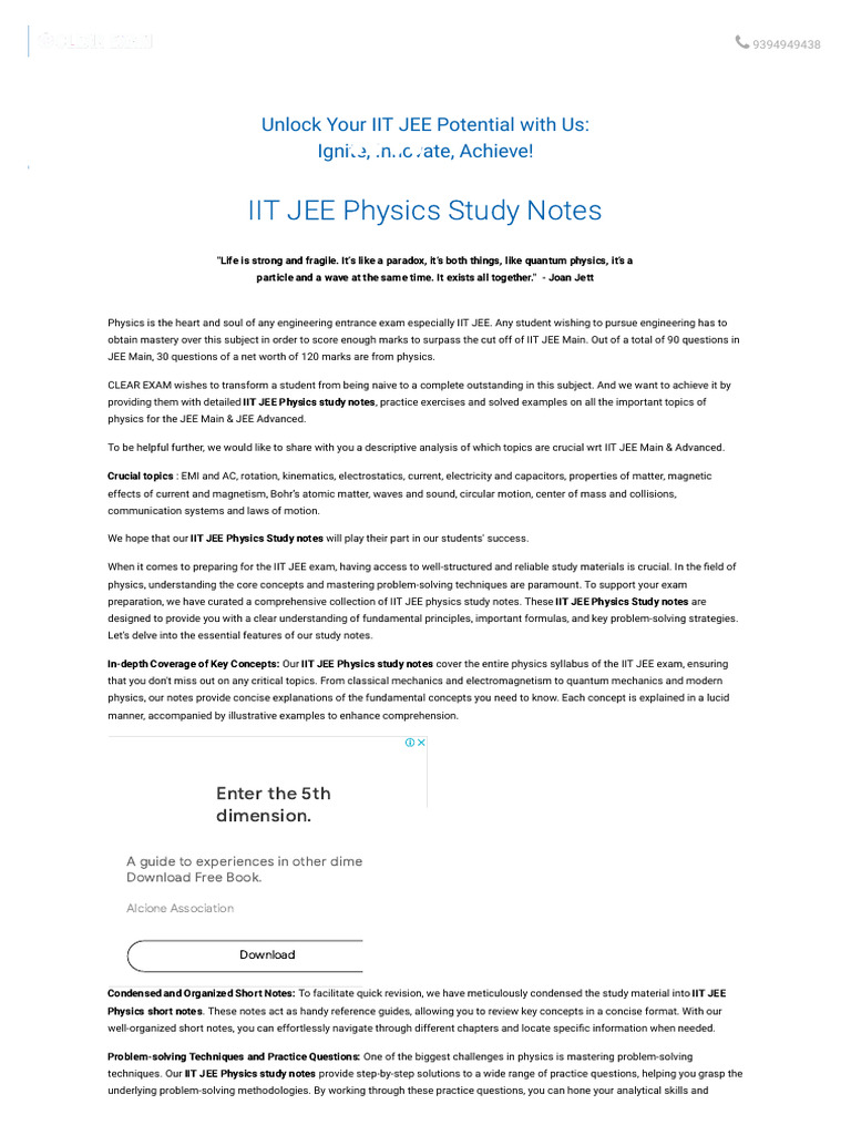 IIT JEE Physics Study Notes PDF - Summary, Important Formula - Physics ...