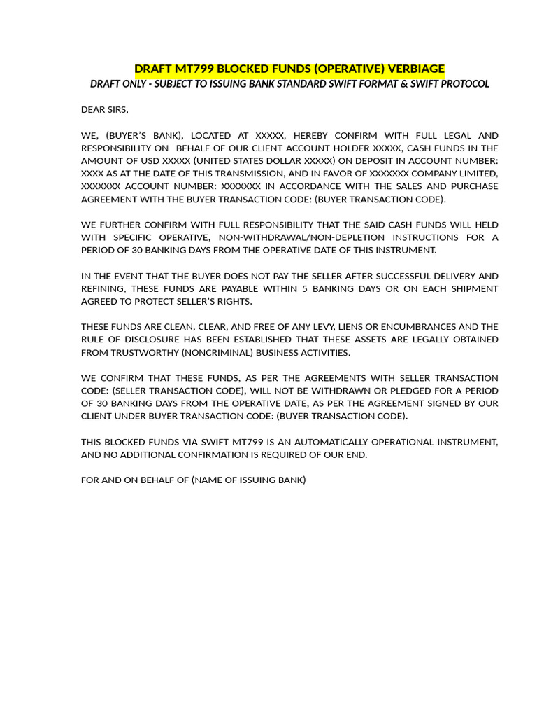 MT799 Blocked Funds Verbiage | PDF