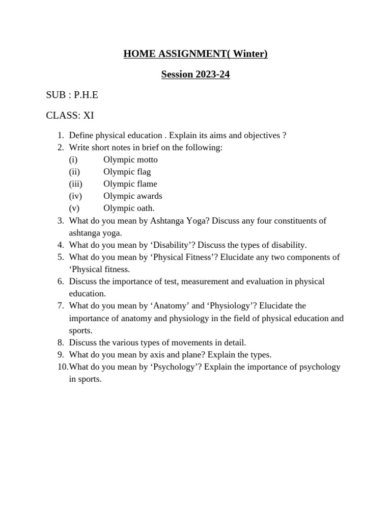 HOME ASSIGNMENT CLASS XI 2023-24 | PDF