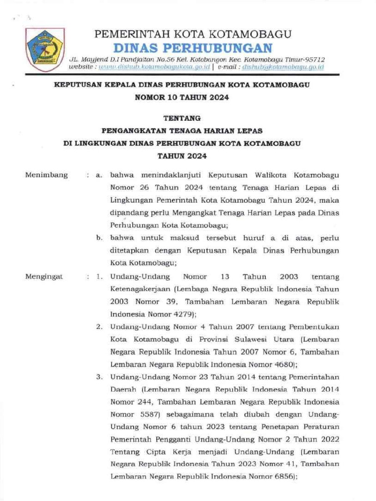 SK No. 10 Tahun 2024 Tentang Pengangkatan Tenaga Harian Lepas (THL) | PDF