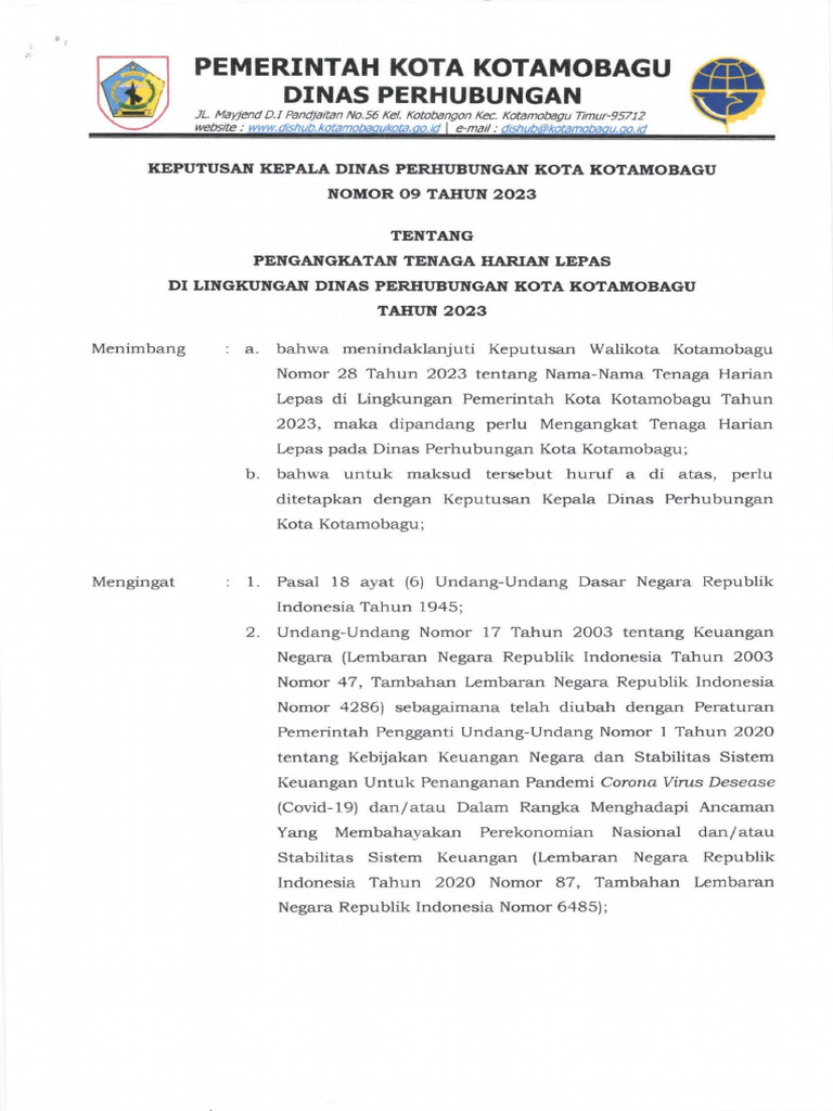 SK No. 09 Tahun 2023 Tentang Pengangkatan THL Dishub Tahun 2023 | PDF