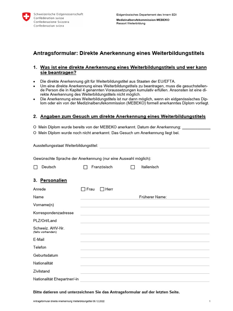 Antragsformular - Direkte Anerkennung Eines Weiterbildungstitels | PDF