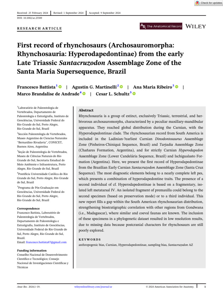 Battista Et Al. (2024) First Record of Rhynchosaurs Archosauromorpha ...