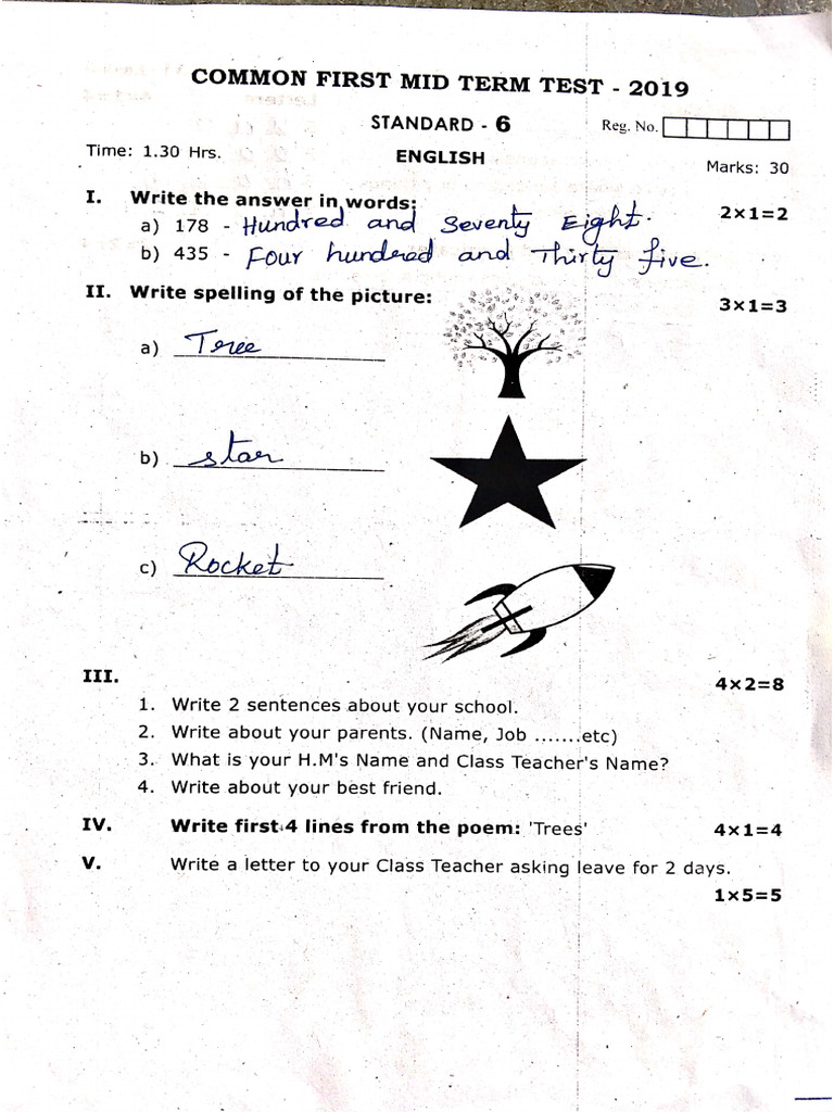 6th English First Mid Term Exam Original Question Paper Vellore ...