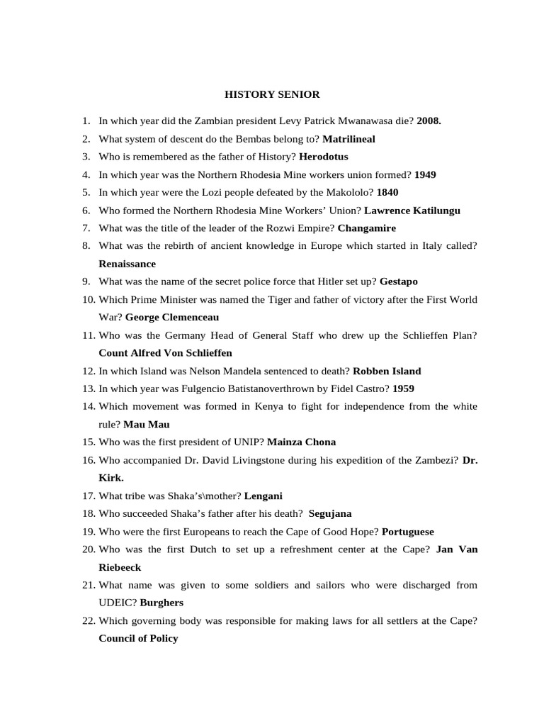 History Senior Quiz 111 | PDF | Zambia