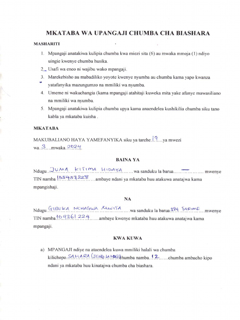 Mkataba Wa Upangaji Chumba Cha Biashara | PDF