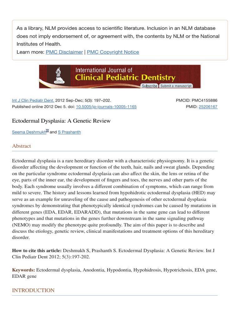 Ectodermal Dysplasia A Genetic Review Pmc Pdf