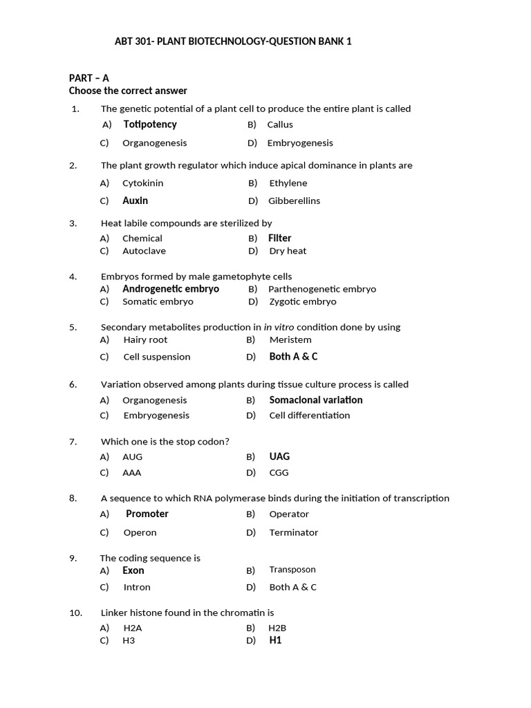 ABT 301 Plant Biotechnology Question Bank | PDF | Dna Replication | Dna