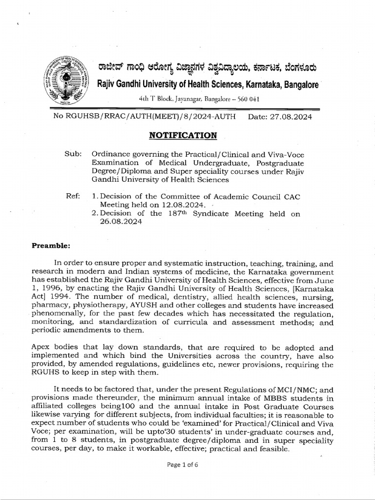 Notification For Ordinance Governing The Practical Clinical and Viva Voce Examination | PDF