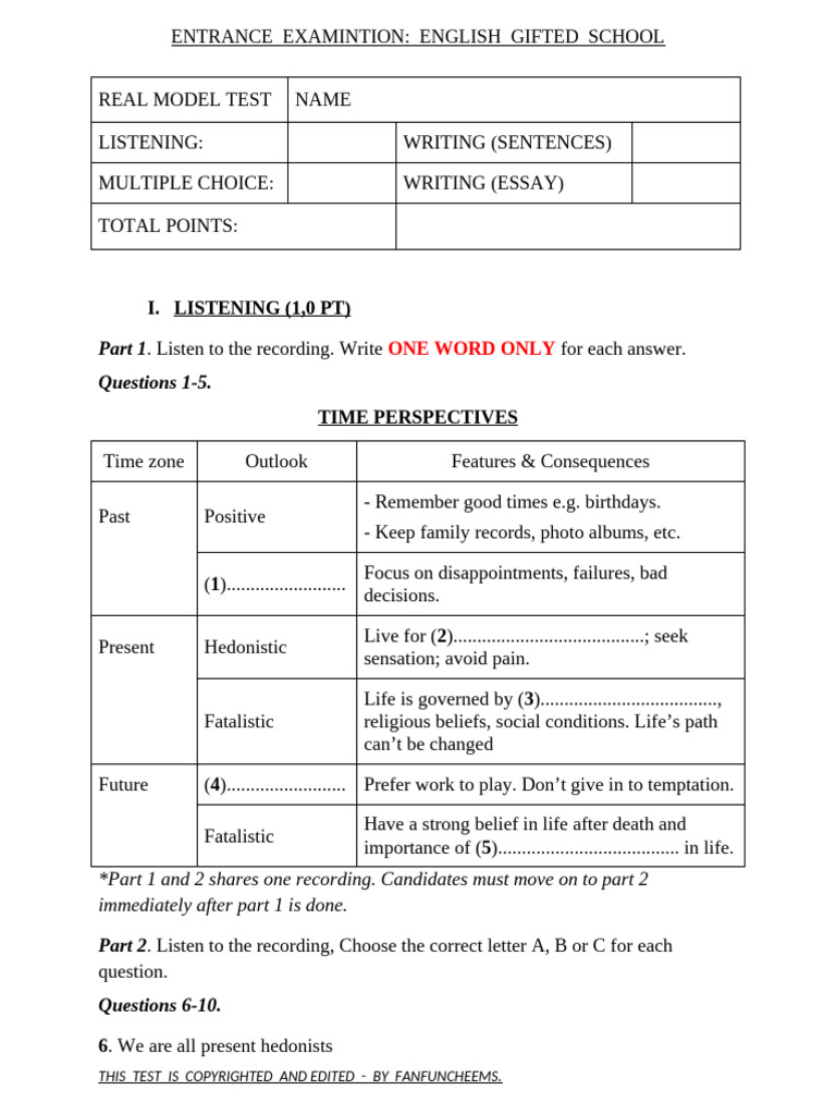 Sample of Entrance Exam | PDF