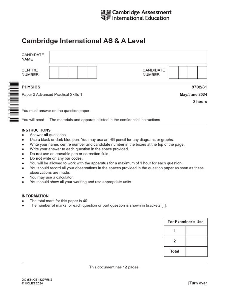 Cambridge International AS & A Level: PHYSICS 9702/31 | PDF