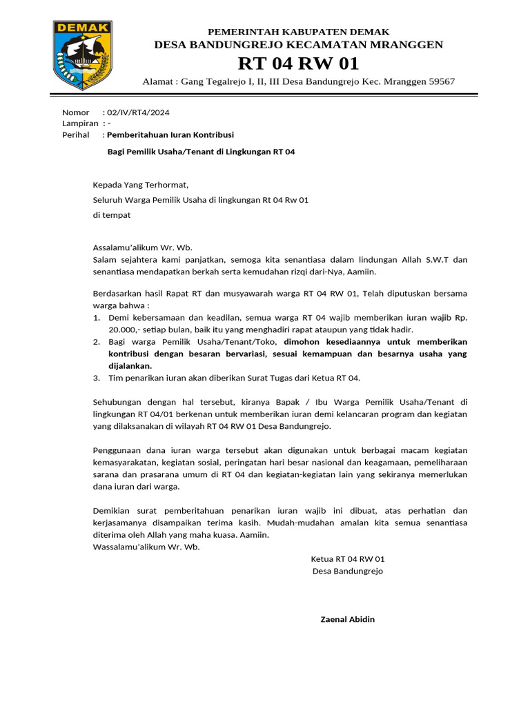 Pemberitahuan Iuran Bagi Pemilik Usaha Dilingkungan RT 04 | PDF