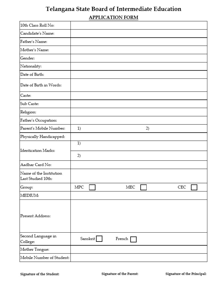Telangana State Board of Intermediate Education Application Form | PDF