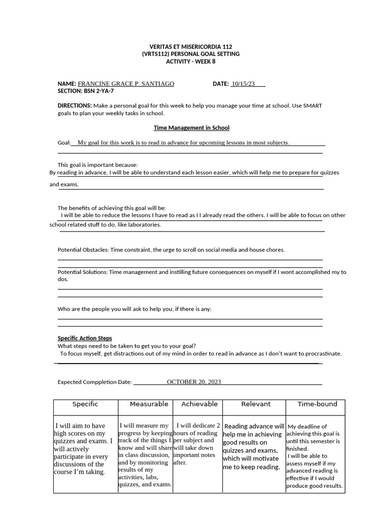 ACTIVITY (WEEK 8) SMART GOALS | PDF