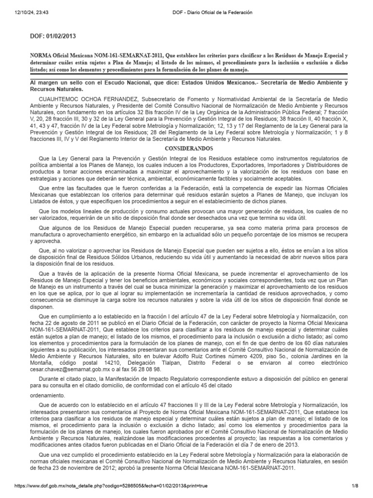 NOM-161-SEMARNAT-2011. 8 Pags | PDF