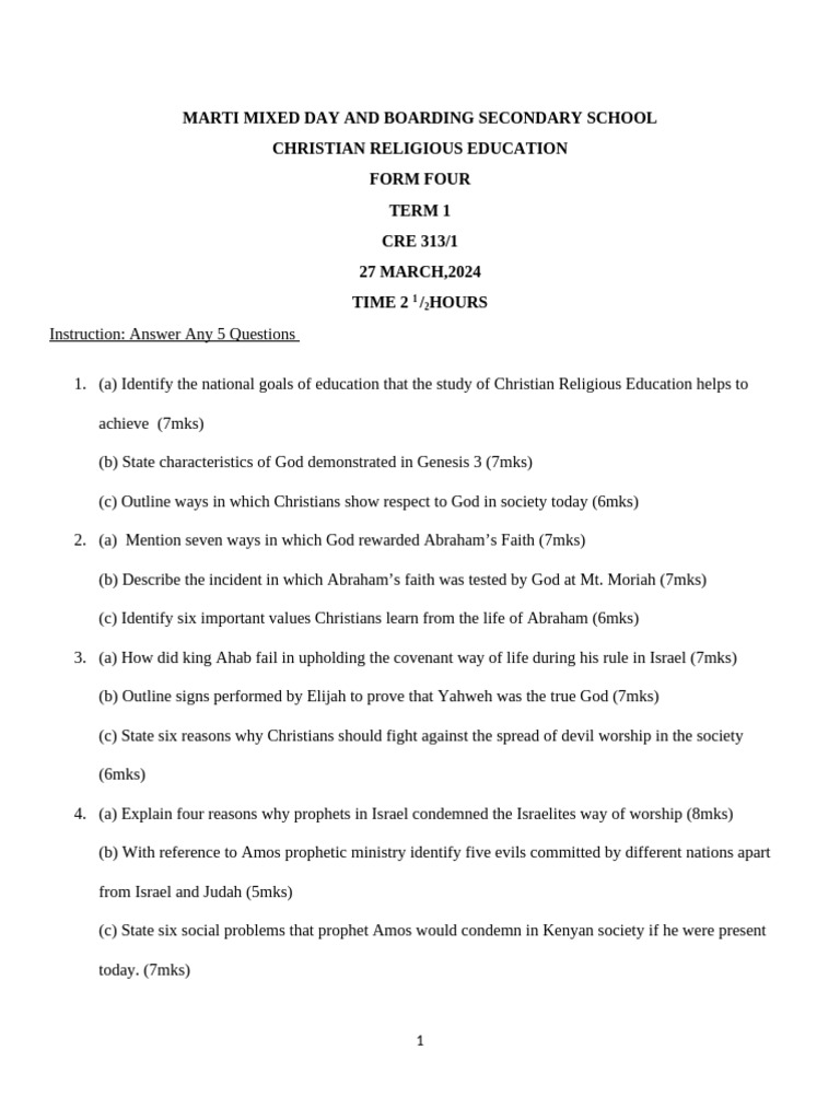 Form 4 C.R.E. - Paper 1 - Question Paper_083739 | PDF