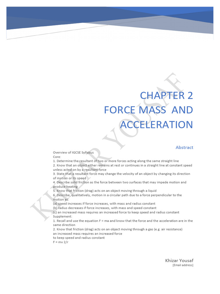 Chapter 2 Force Mass and Acceleration | PDF