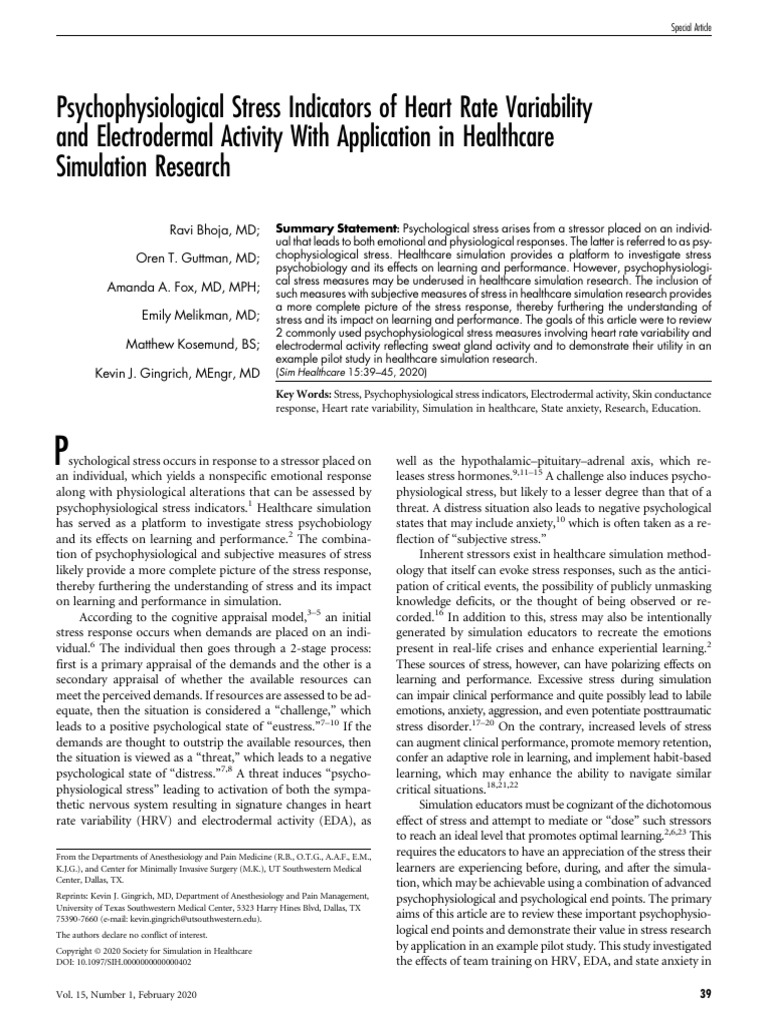 Psychophysiological Stress Indicators of Heart.8 | PDF