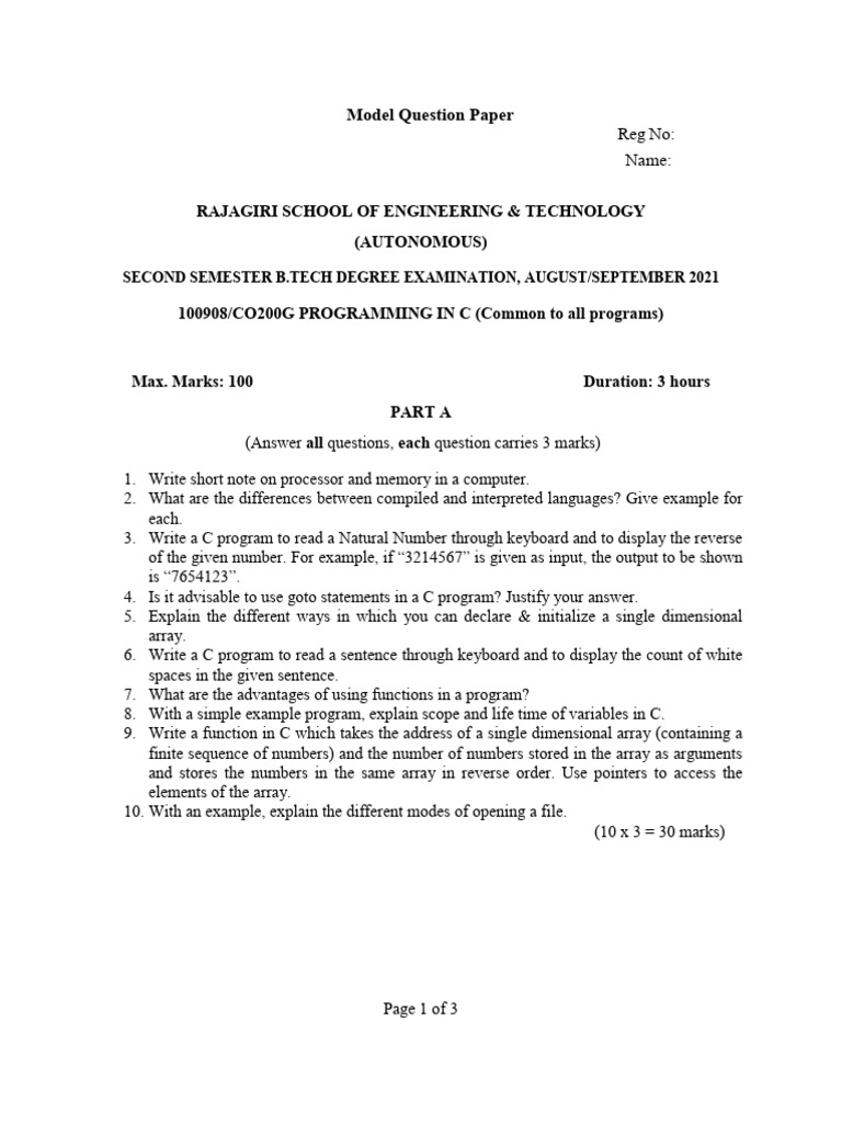 Model Question Paper - C Programming | PDF