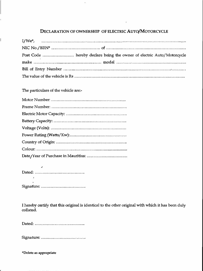 Declaration of Ownership Electric Cycle | PDF