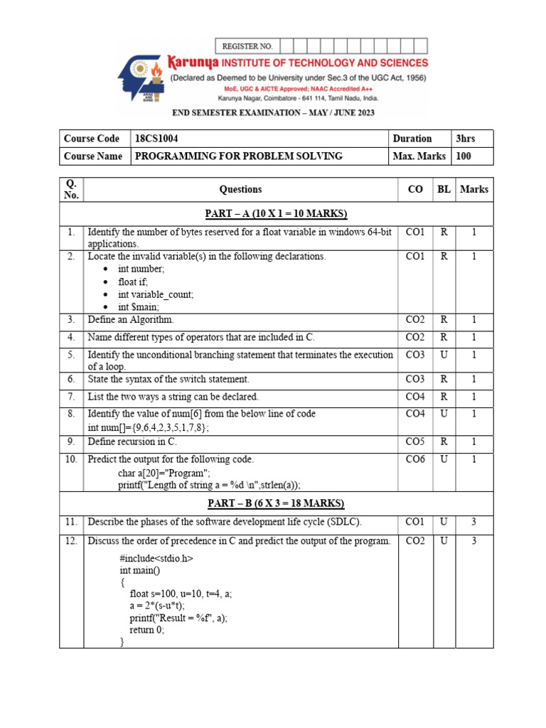 Course Code 18CS1004 Duration 3hrs Course Name Programming For Problem ...
