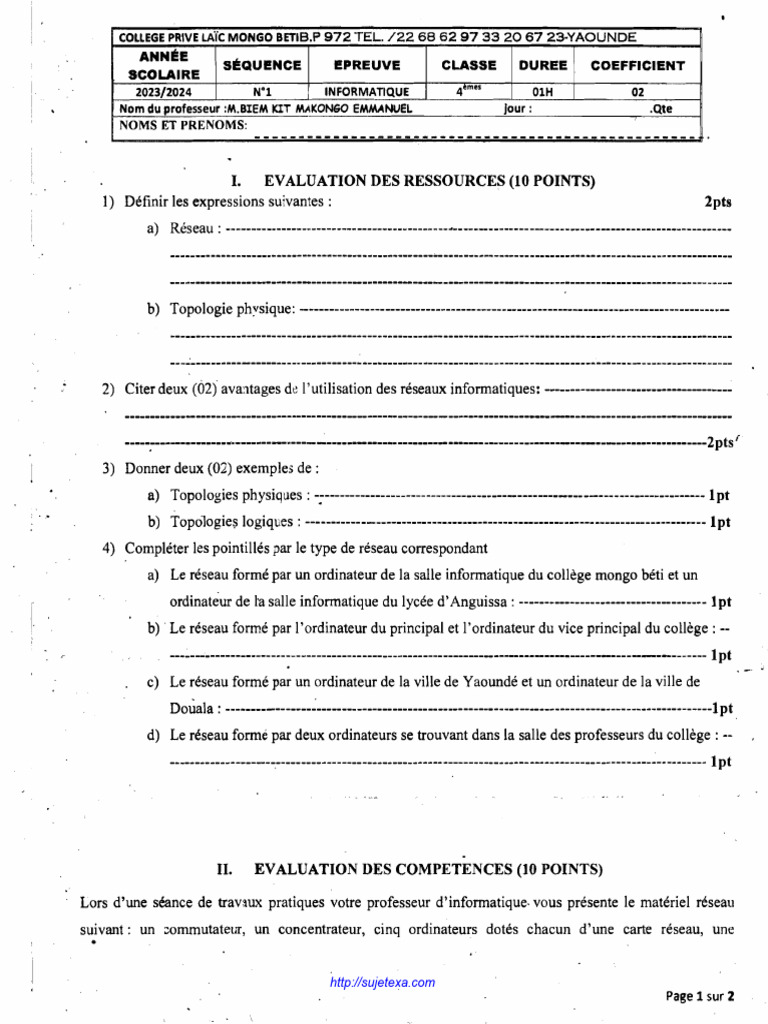 Sujet Informatique 4ème Sequence N°1 College Prive Mongo Beti 2023-2024 Cameroun | PDF