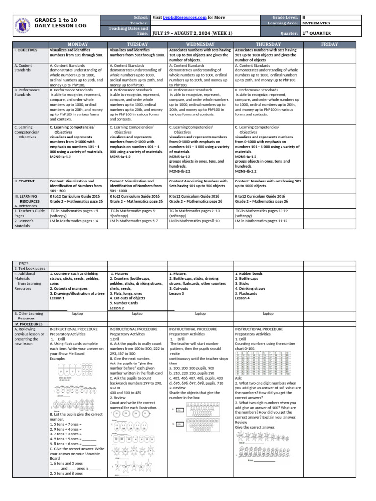 DLL - Math 2 - Q1 - W1 | PDF