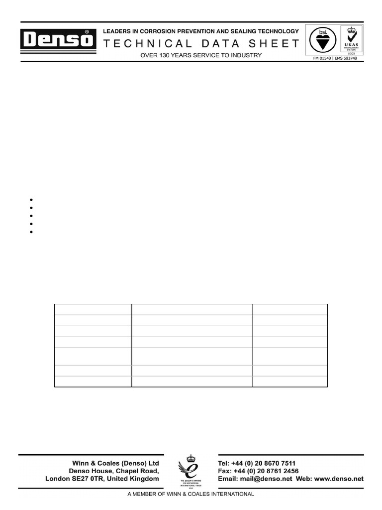 Denso Tape - Tech - Data Sheet | PDF