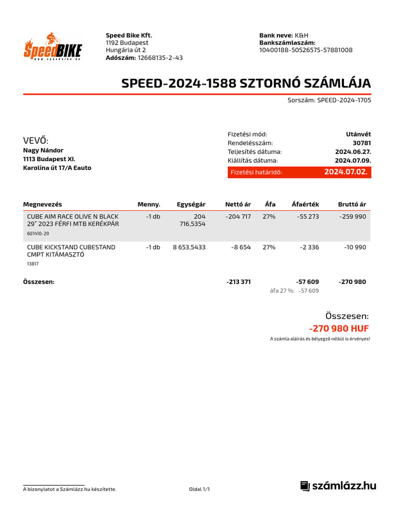 Speed-2024-1588 Sztornó Számlája: Speed Bike Kft. Bank Neve ...