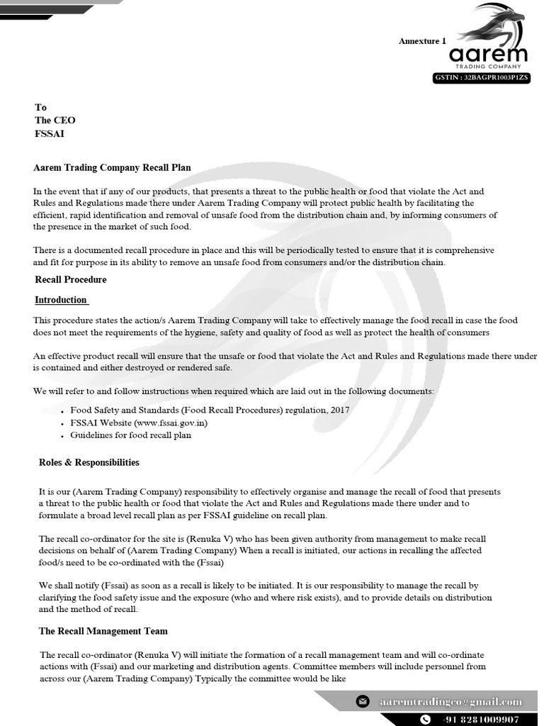 Fssai Recall Plan | PDF