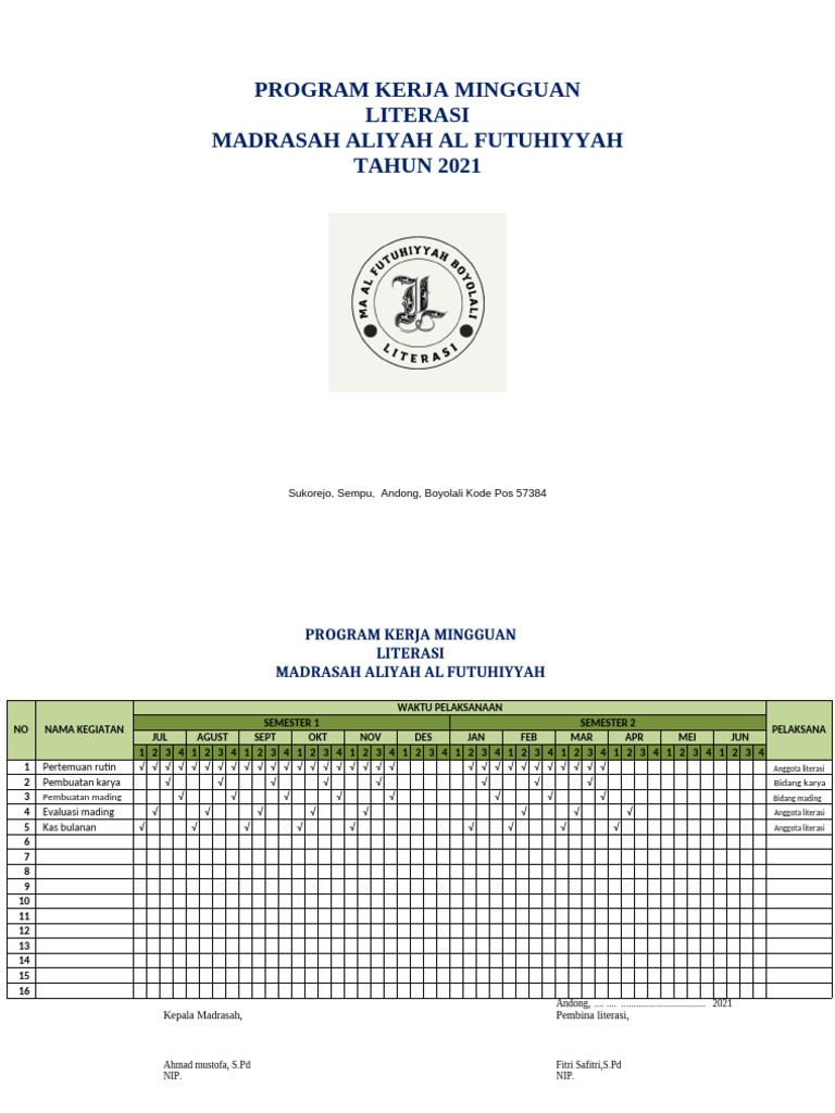 Program Kerja Mingguan Literasi | PDF