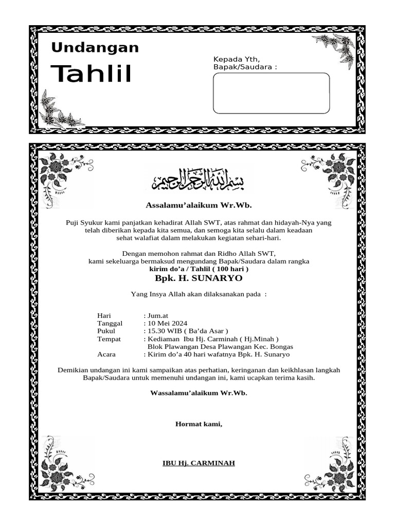 Template Undangan Tahlil 100 Hari | PDF