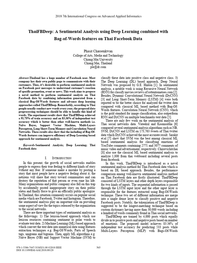 ThaiFBDeep A Sentimental Analysis Using Deep Learning Combined With Bag ...