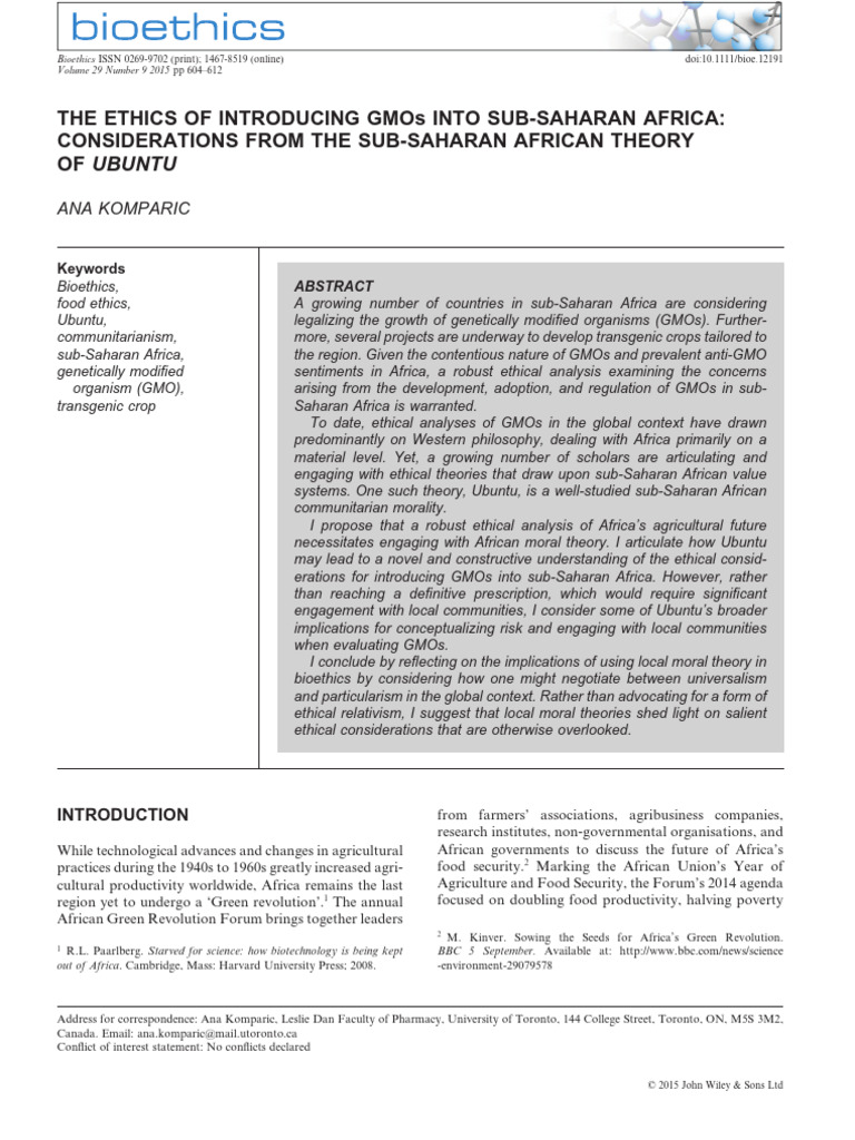 Bioethics - 2015 - Komparic - The Ethics of Introducing GMOs Into Sub Saharan Africa ...